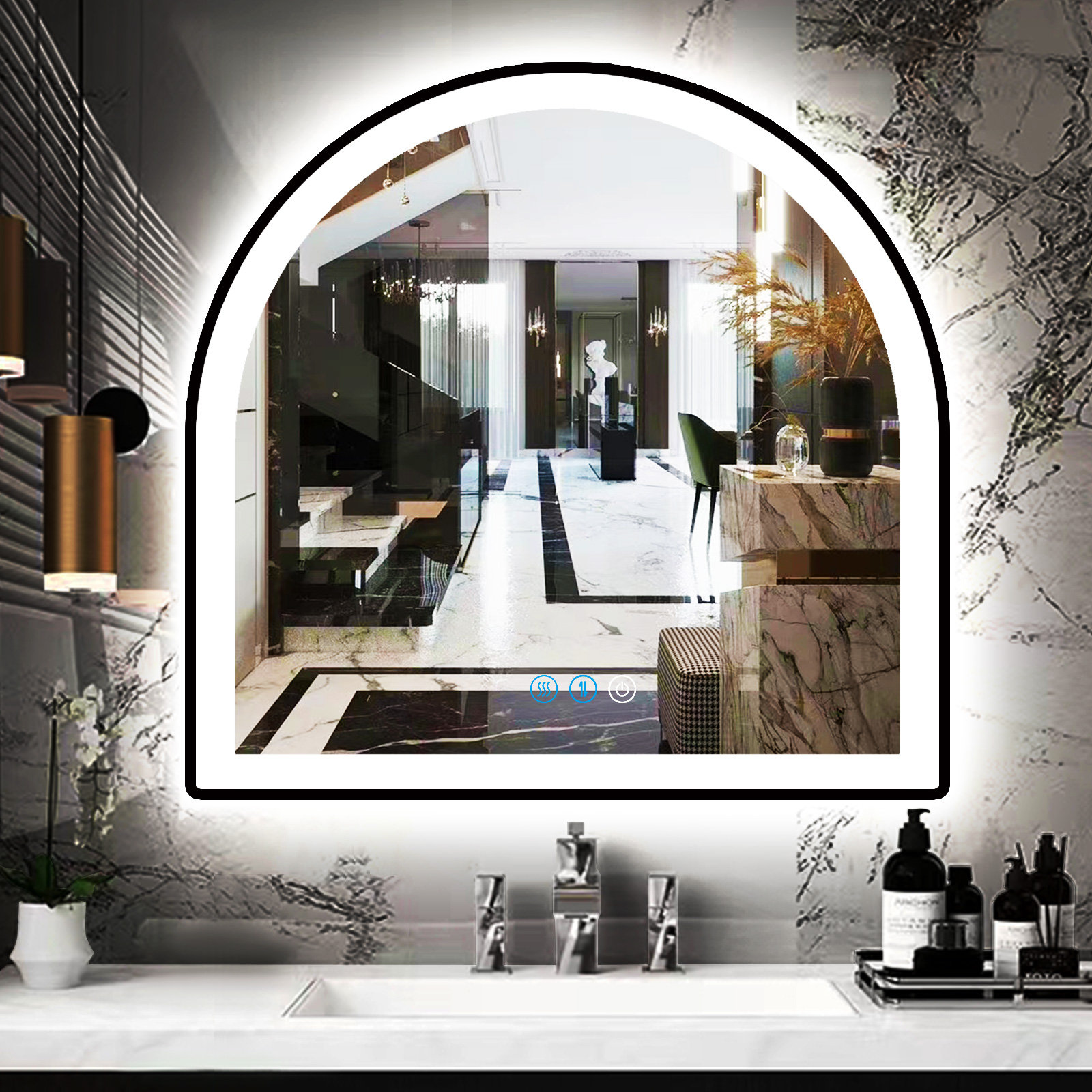 Ivy Bronx 33 X 31 Inch Bathroom Black Arch Vanity Mirror With Lights Black Frame Arch Led Mirror ...